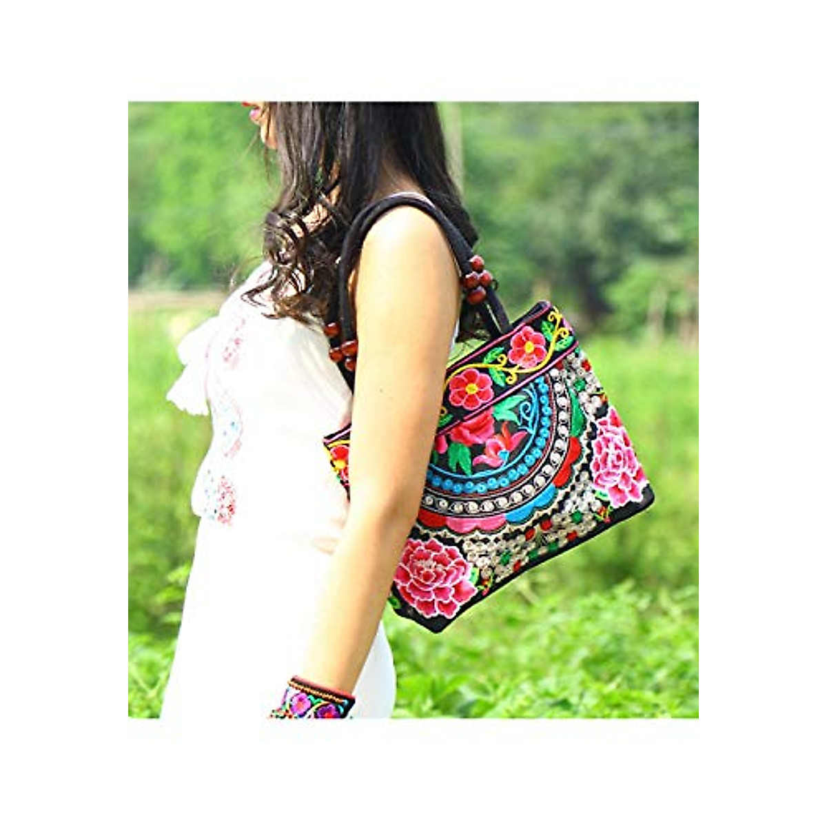 Embroidered Canvas Top Handle Handbags for Women,Ladies Casual Vintage Handbag Tote Bag