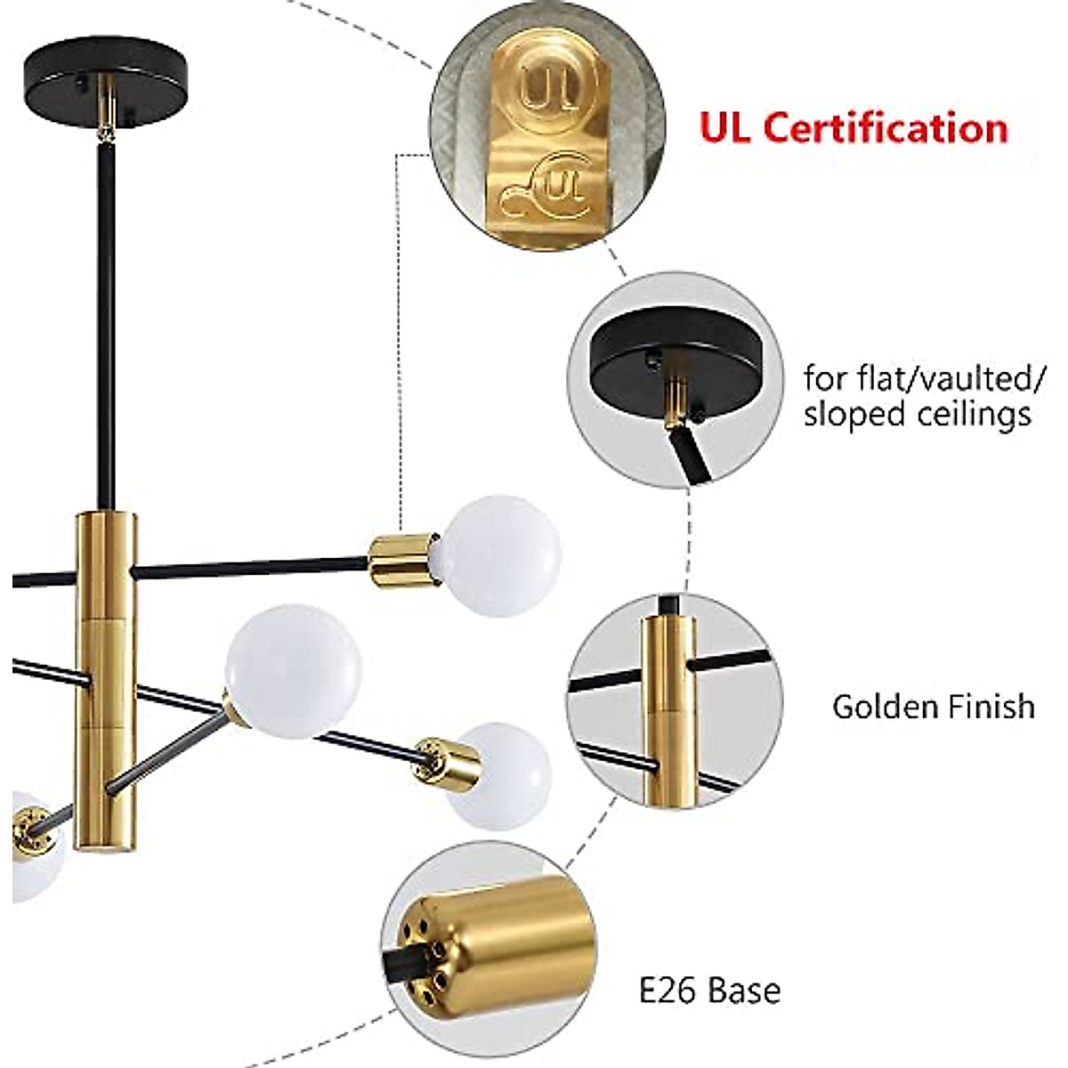 Deyidn Sputnik Chandelier Mid Century Modern Industrial E26 Pendant Lighting Chandeliers Ceiling Light Fixture Black and Gold Light for Living Room,Kitchen,Bedroom,Dining Room and Farmhouse