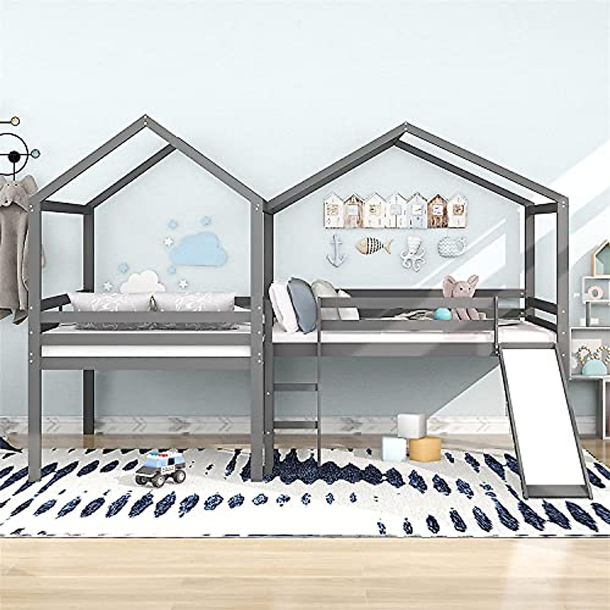 ATH-S L-Shape Loft Beds Full House Loft Bed with Slide Low Loft Bed Frame for 2, Wood Gray Playhouse Loft Bed for Girls Boys Teens (Color : Gray Full House Bed)