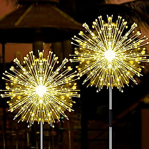 JJGoo Solar Garden Lights, 2 Pack 150 LEDs 2 Lighting Modes Waterproof Fireworks Light for Outdoor Patio Walkway Pathway Decorative - Warm White