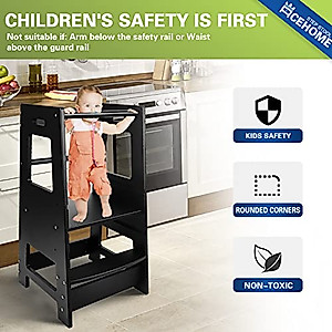 ACEHOME Toddler Kitchen Stool, Toddler Tower with Safety Rail, Toddler Stool for Kitchen Counter, Adjustable Height Little Helper Tower, Kitchen Stool for Toddlers 18 Months and Older, Black