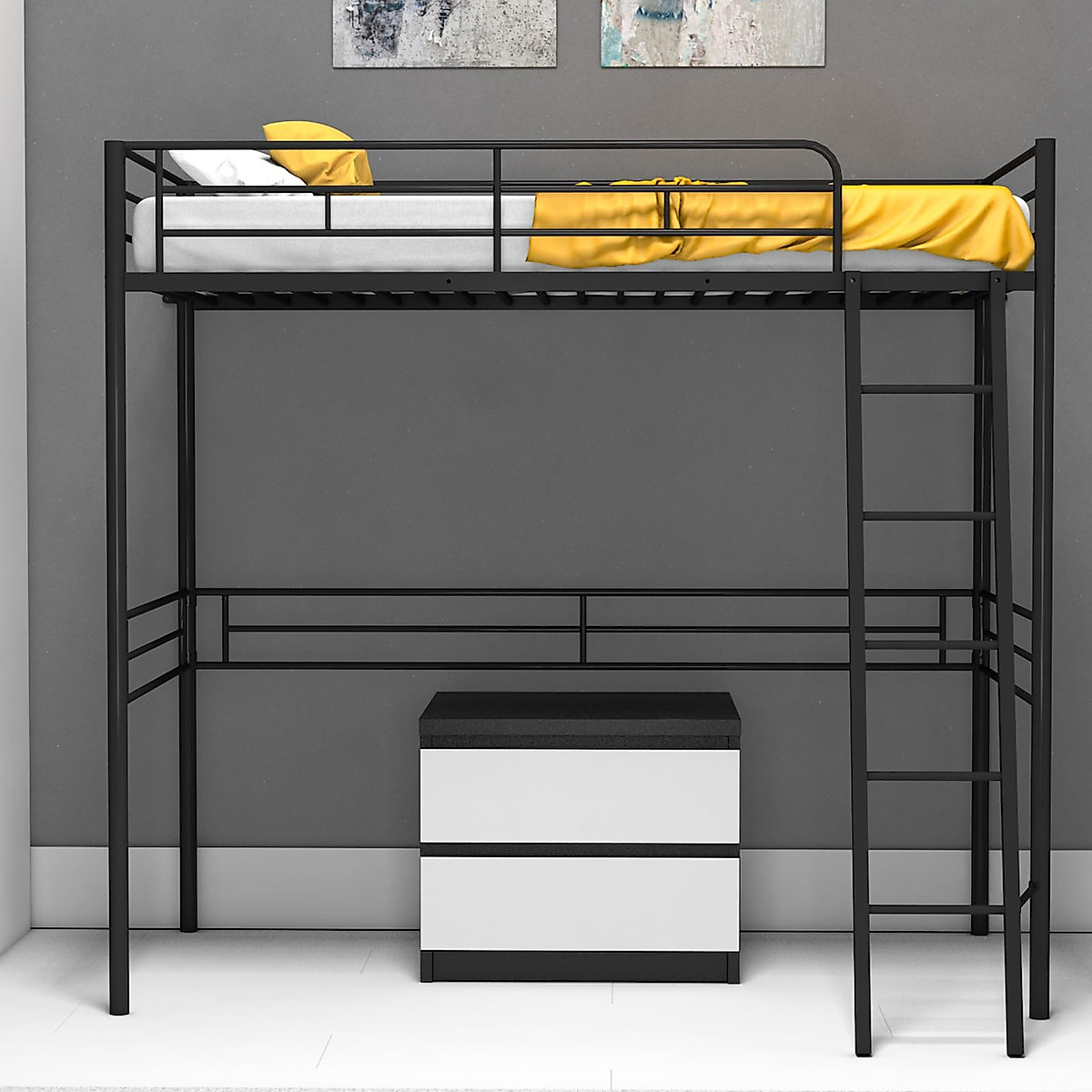 Lifeand Sturdy Twin Size Metal Loft Bed with Built-in Ladder and Guardrails for Space-Saving Solution in Kids' and Teens' Rooms,Black
