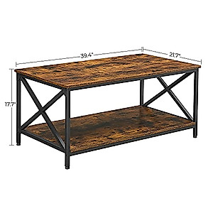 VASAGLE Coffee Table, Cocktail Table with Storage Shelf and X-Shape Steel Frame, Industrial Farmhouse Style, 39.4 x 21.7 x 17.7 Inches, Rustic Brown and Black ULCT200B01V1