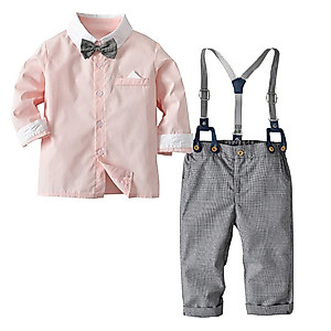 Baby Boys Shirt Overall Suit Suspender Cotton Outfits Bowtie Comfortable Rompers Long Sleeve Gentleman Tuxedo Wedding Formal Suits Set for Birthday Party 12-18M 4PCS Pink