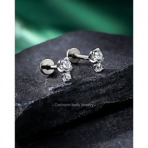 COCHARM 14K White Gold Helix Earring Stud 16g Flat Back Forward Helix Piercing Push in 8mm Cartilage Ear Stud Threadless Outer Conch Earring Stud Real White Gold Labret Stud