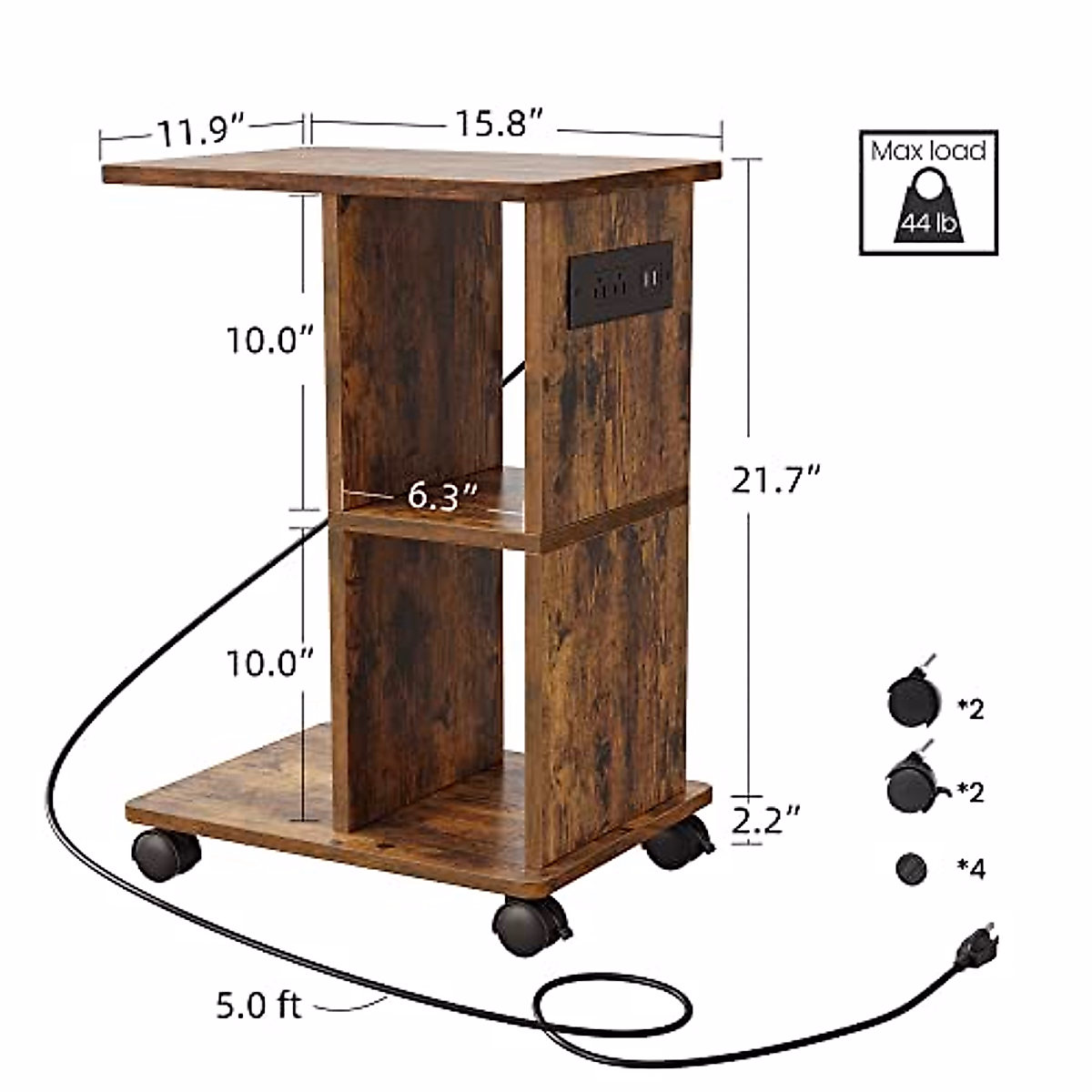 HILINSIE C Shaped End Table with Charging Station - Narrow Side Table with USB Ports and Outlets for Small Spaces, 3-Tier Storage Shelves Nightstand, 11.9 x 15.8 x 21.7 Inches, Rustic Brown