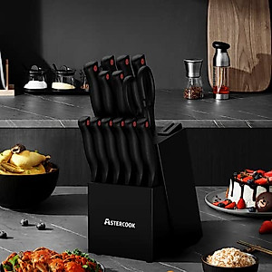 Astercook Knife Set with Built-in Sharpener Block, Dishwasher Safe Kitchen Knife Set with Block, 14 Pcs High Carbon Stainless Steel Block Knife Set with Self Sharpening and 6 Steak Knives, Black