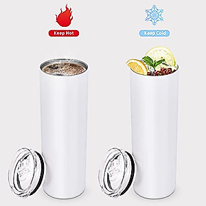 Skinny Travel Tumbler, Stainless Steel Skinny Tumbler, Double Wall Insulated Tumbler with Lid and Straw, 20 Oz Slim Water Tumbler Cup, Vacuum Tumbler Travel Mug for Coffee, Beverages, Tea (White)