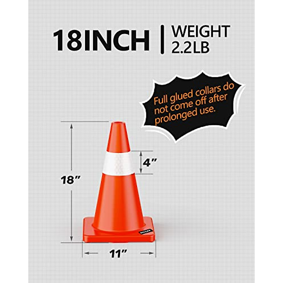 BATTIFE 6Pack 18inch Traffic Safety Cones with Reflective Collars, PVC Orange Construction Cone for Home Road Driveway Parking