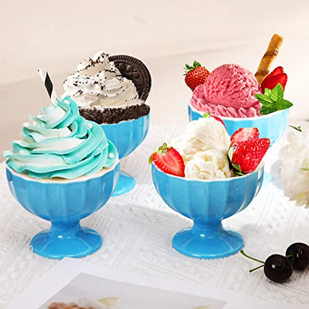 Lallisa 6 Pcs 12 oz Ceramic Dessert Bowls Set, Ice Cream Bowls Tulip Dessert Sundae Cups Durable Cute Elegant Trifle Bowl for Milkshakes, Parfaits, Cereal, Nut, Fruit, Pudding, Salad (Blue)
