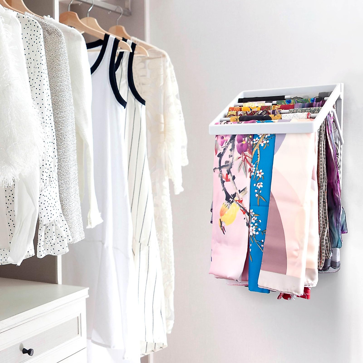 Tie and Scarf Organizer, TieMaster Battery-Free Organizer, Holds 60 Ties and Scarves, Easy Installation, Sleek Design, Preserve The Quality of Delicate Scarves and Ties