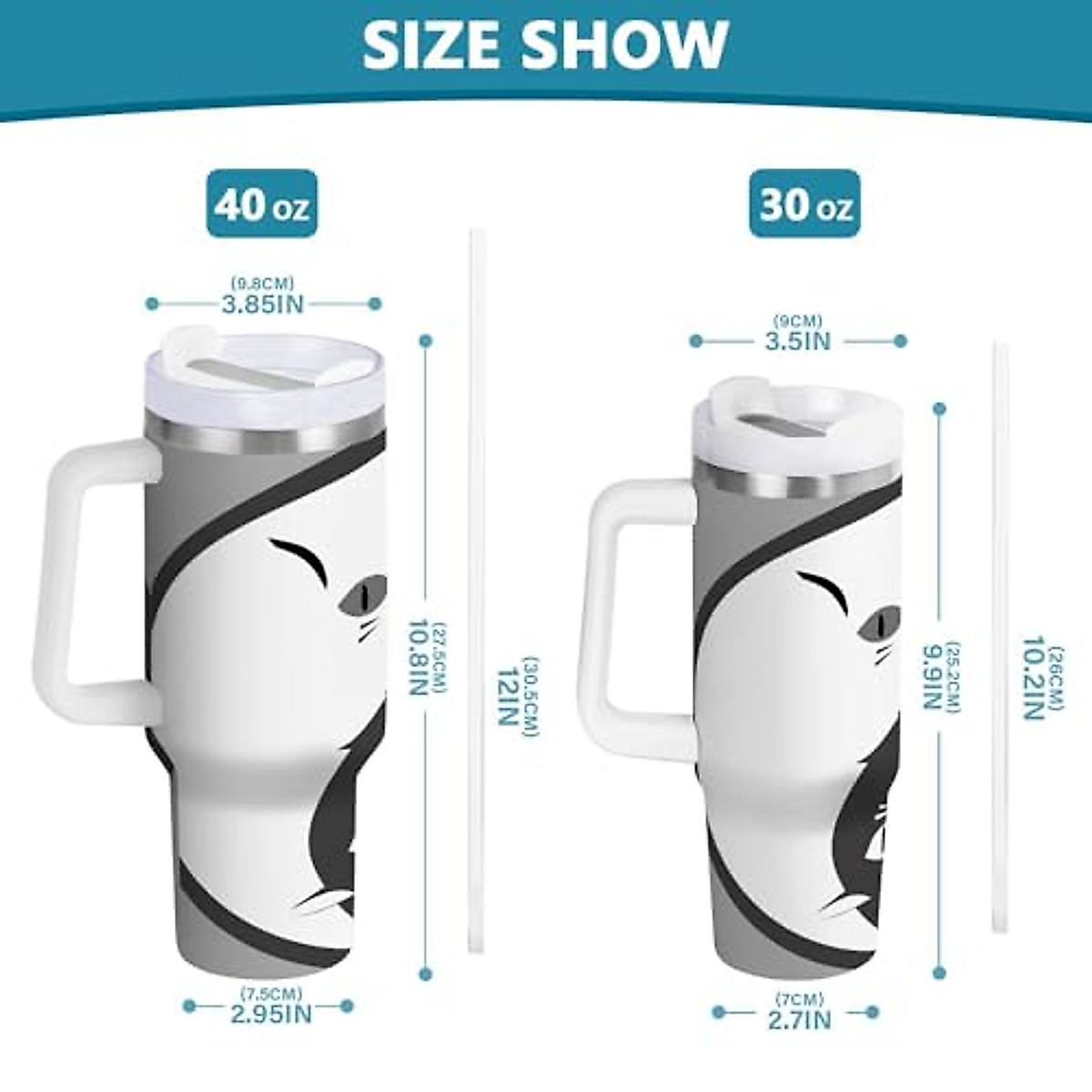 RPLIFE White Black Yin Yang Cats 40 Oz Tumbler, Stainless Steel Tumbler with Straw, Tea Tumbler