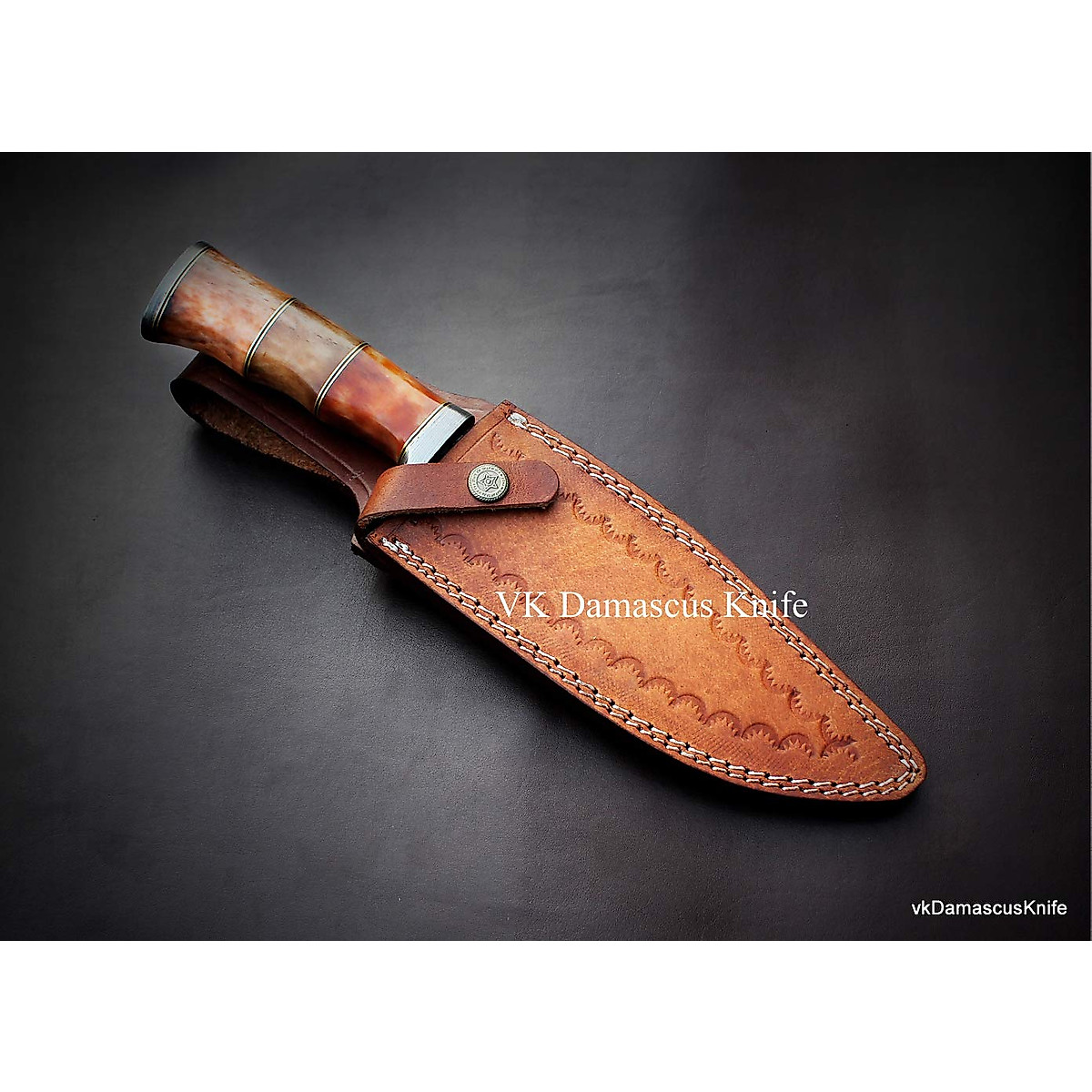 JNR Traders Fixed Blade Knife, Full Tang Damascus Knife for Hunting Camping Survival, Bowie Knife with Leather Sheath 0077