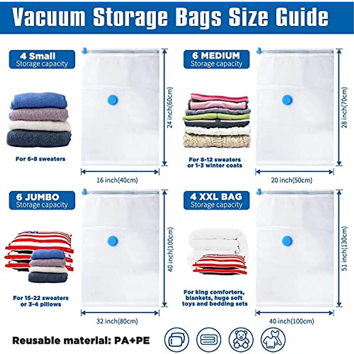 Vacuum Storage Bags 4 Pack (XXL), 40"x51" Compression Storage Bags with Double-Zip Seal and Triple Seal Valve, 80% More Space Saver Bags for Clothes, Blankets, Pillows-Warranty 2 Years