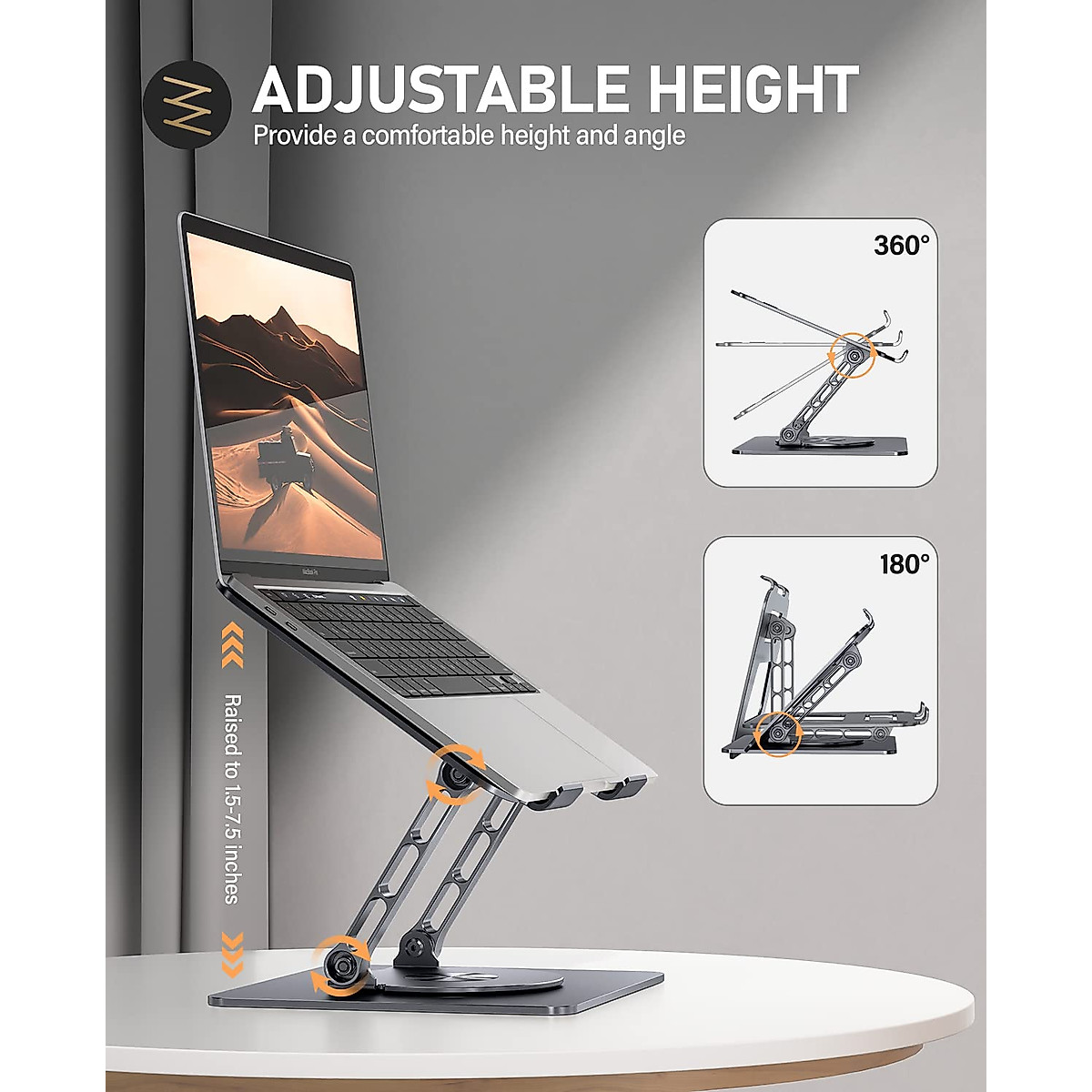 AOEVI Laptop Stand for Desk, Adjustable Laptop Stand with 360 Rotating Base Foldable Laptop Riser Compatible with MacBook Pro/Air Notebook up to 16 Inches, Grey