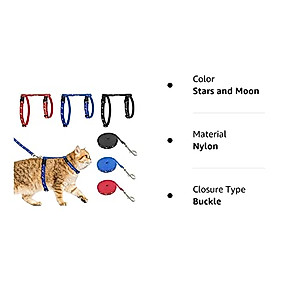 Cat Harness with Leash, 3-Pack, Unique Stars Moon and Paw Heart Design, Escape Proof, Walking, Small Medium Large, Black, Red, Blue, Adjustable, Safe, Set of 3
