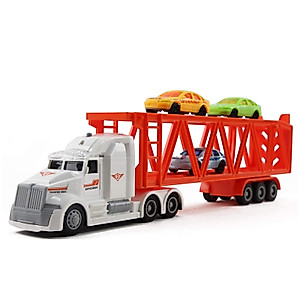 Vokodo Toy Semi Truck Trailer 3 Car Carrier 14" Friction Powered with Lights and Sounds Kids Push and Go Big Rig Auto Transporter Vehicle Semi-Truck Pretend Play Great Gift for Children Boys Girls