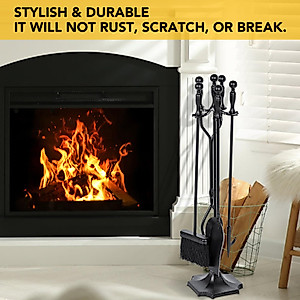 nalone 5 Pieces Fireplace Tools Set, Heavy Duty Wrought Iron Fireplace Accessories Set with Poker, Tong, Shovel, Brush, Fire Place Tools Indoor Outdoor (Black)