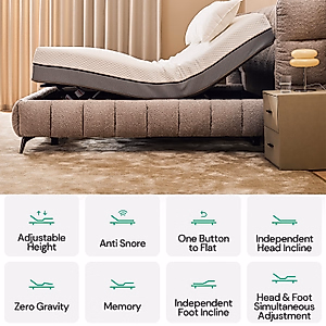 Motorized Upholstered Adjustable Bed Base with Wireless Remote, Head and Foot Incline, Memory Pre-Sets, Anti-Snore, Zero Gravity, Adjustable Leg Heights Bed Frame,Ergonomic Positioning (Queen)