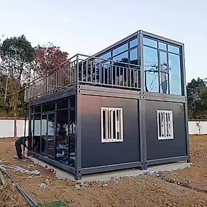 3 Room Container Houses Combined with 2 Two-Story Villas Prefab Luxury Modular Prefab Home with Terrace, guardrail, Staircase Living Room, Bathroom, Kitchen for Homes, Hotels, Offices