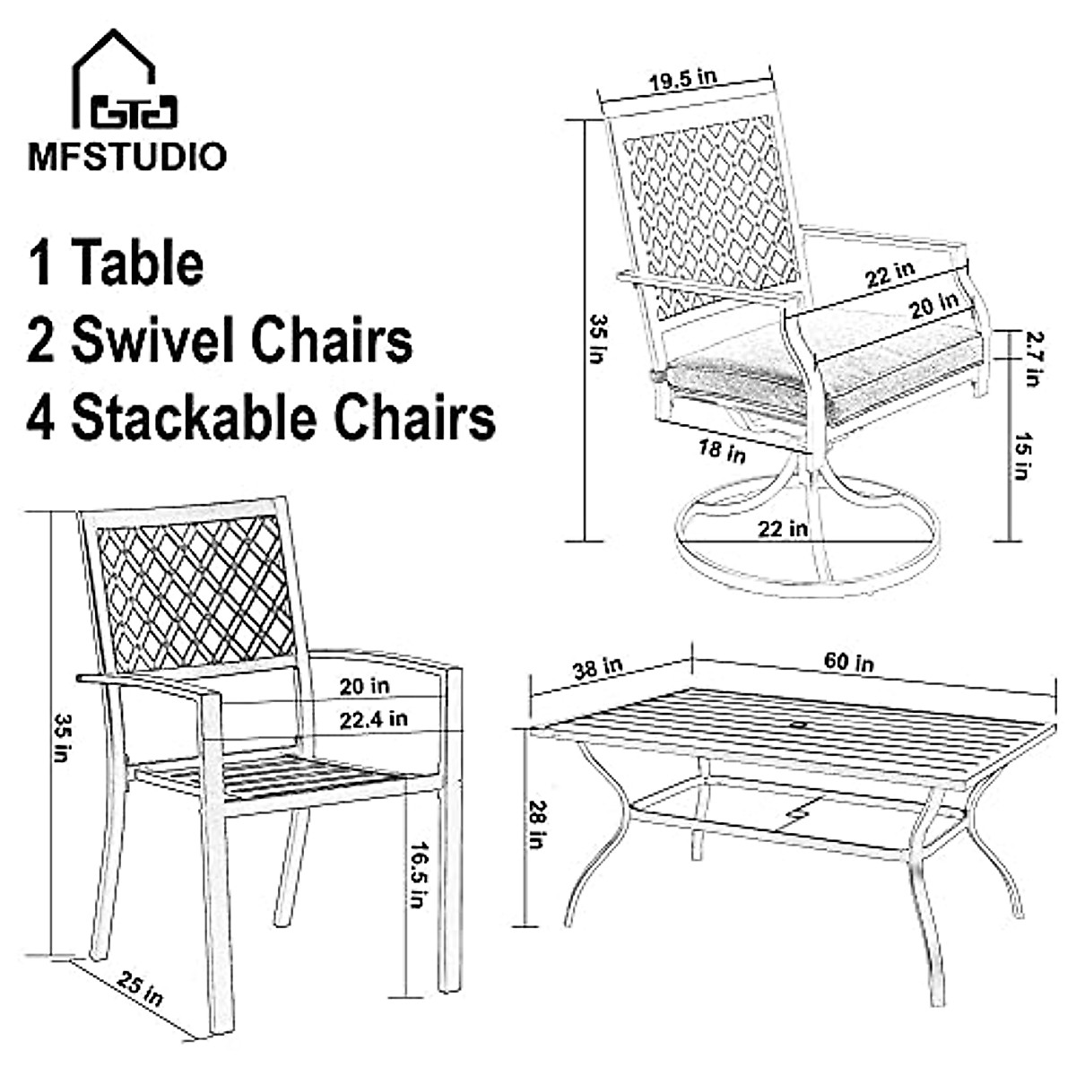 MFSTUDIO 7-Piece Metal Outdoor Patio Dining Set with 6 Armrest Chairs and 1 Steel Rectangular Table with 1.57“ Umbrella Hole, L60 x W38 x H28 Table, 4 Backyard Garden Chairs, 2 Swivel Chairs, Black