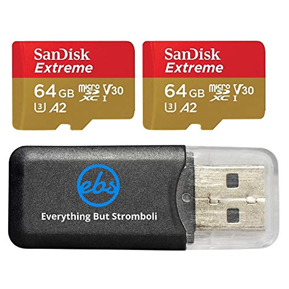 SanDisk 64GB Micro SDXC Extreme Memory Card (2 Pack) Works with GoPro Hero 8 Black, GoPro Max 360 Action Cam U3 V30 4K Class 10 (SDSQXA2-064G-GN6MN) Bundle with 1 Everything But Stromboli Card Reader
