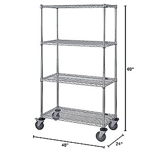 Quantum Storage Systems M2448C46 4-Tier Wire Shelving Mobile Cart with 5" Stem Casters, 4 Wire Shelves, Chrome Finish, 69" Height x 48" Width x 24" Depth