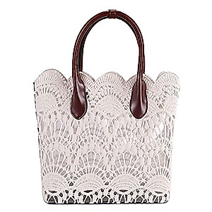 Women Lace Tote Vintage Solid Clear Bag Handbag with Off-White Cotton Lace Fabric