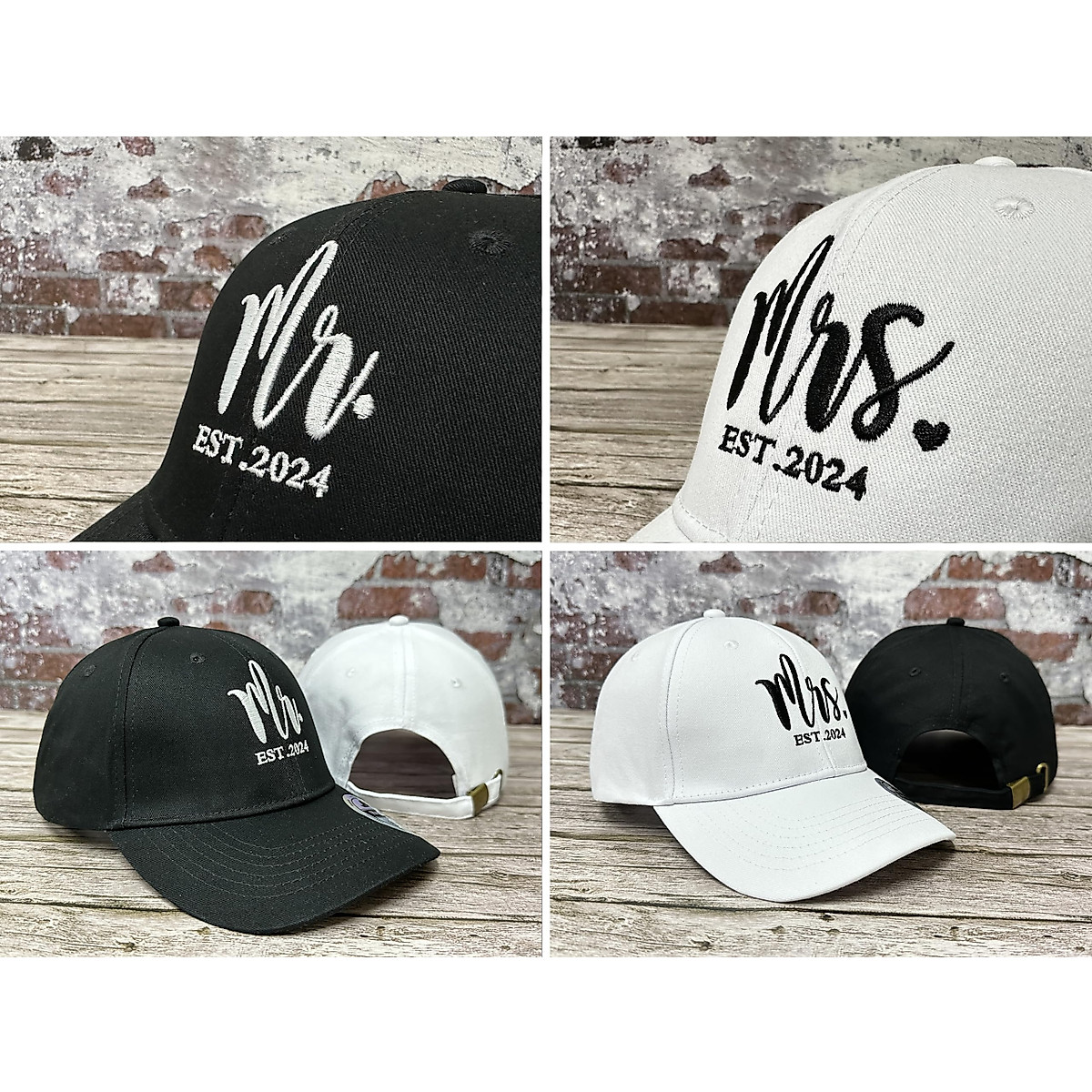 Embroidered Matching Mr Mrs EST 2024 Hats, Black White Bride Groom Dad Hat Baseball Caps, Gifts for Anniversary Newlywed Honeymoon