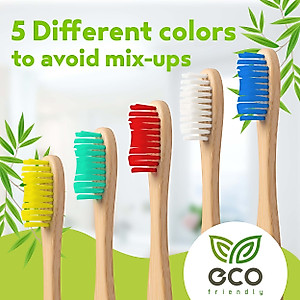 Bamboo Toothbrushes Pack of 5 - Cotton Buds & Dental Floss Included - Organic & 100% Biodegradable - Medium Firm Bristles, Plastic-Free Packaging