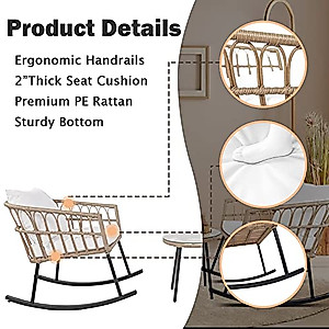 3 Pieces Rocking Chairs Set, Boho Indoor Outdoor All Weather Woven Rope Table Set, Tan Wicker Chat Set with White Cushions, Rattan Sets for Balcony, Garden, Front Porch,Indoor,Living Rooms