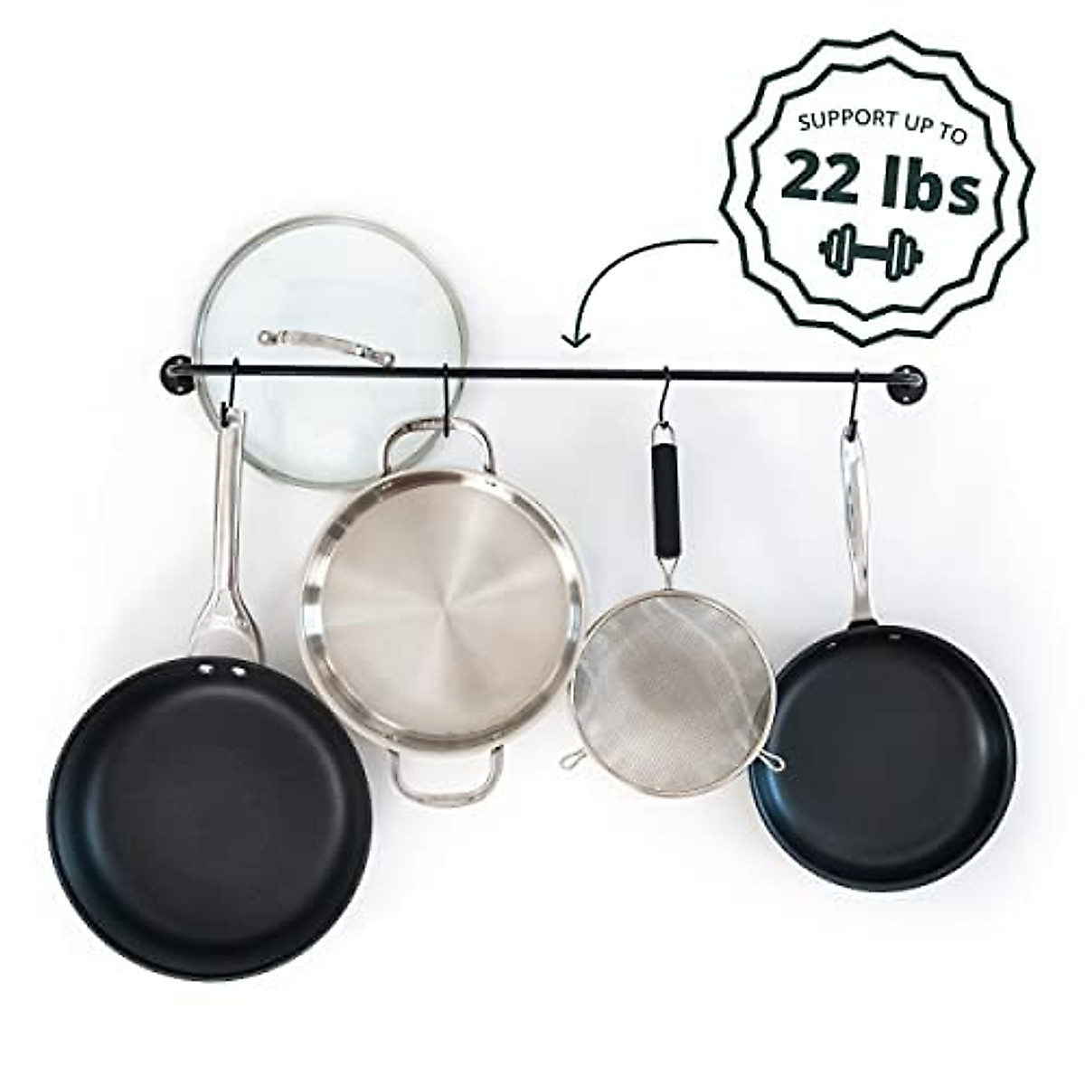 Greenco Pot and Pan Wall Mounted Rail Hanger Racks| Cookware Set and Storage Organization| 15-Hook Hanging Rack | Black Pots and Pans Organizer | Great For Kitchen Shelf