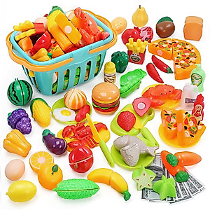 HOLYFUN 100 PCS Cutting Play Food Toy for Kids Kitchen, Pretend Fruit & Vegetables Accessories with Shopping Basket, Plastic Mini Dishes, Play Money, Perfect Educational Toy for Toddlers Boys & Girls