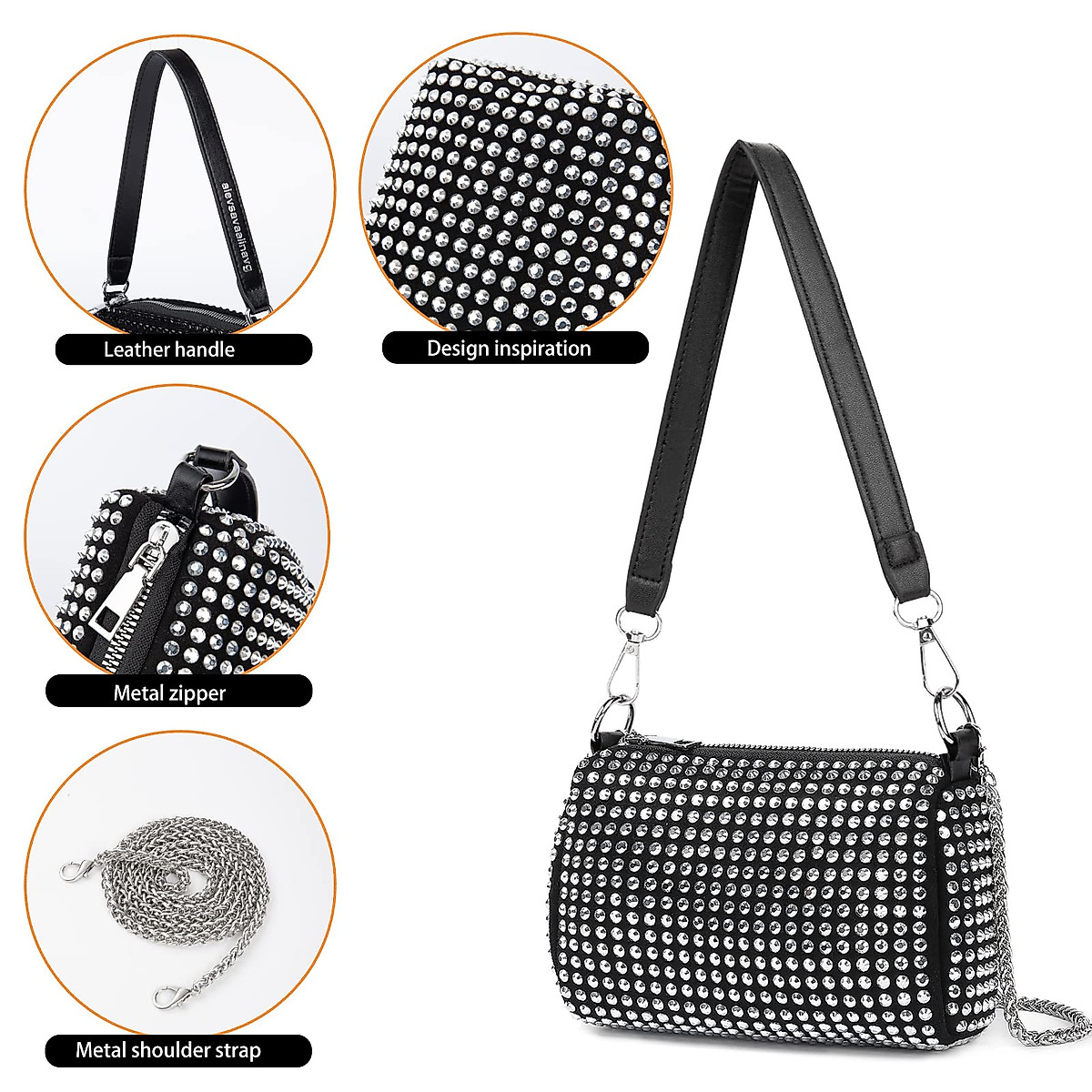 Crystal Rhinestone messenger bag women's banquet bag chain net handbag women's shiny purse suitable for parties and dances(silve), Silver