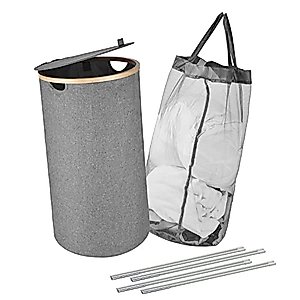 laundry basket with lid 88L Bamboo Laundry Basket with Lid laundry hamper with removable bag Water-proof Dirty Clothes Hamper Collapsible Laundry Baskets for Clothes Storage and Bedroom (round, grey)