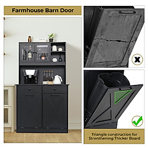 Arlopu Dual Tilt Out Trash&Storage Cabinet, Kitchen Sideboard Cupboard W/Pet Proof 10X2 Gal Hidden Garbage Holder, Freestand Laundry Sort Cabinet, W/Drawer, Shelves,Barn Door (Black)