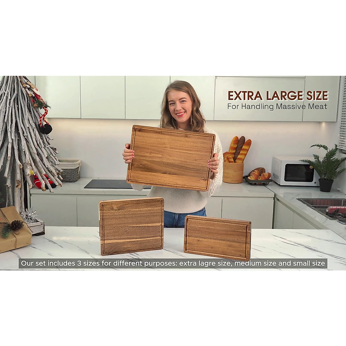 KOLWOVEN Wood Cutting Boards for Kitchen - Set of 3, Wooden Cutting Board Set with Holder for Chopping Meat, Cheese, Fruits, Vegetables, Knife Friendly Serving Tray