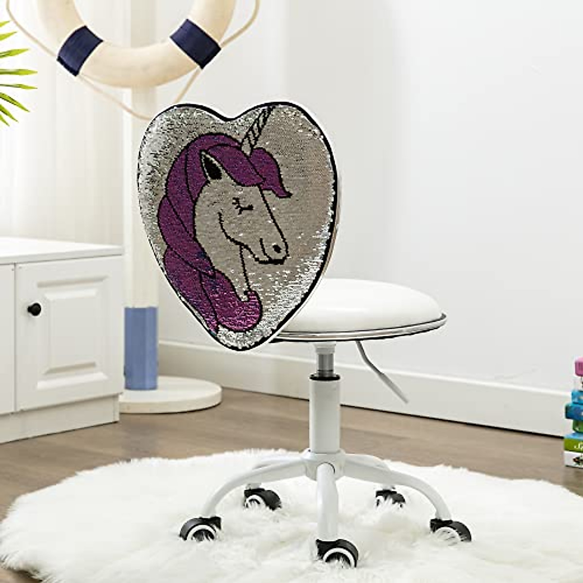 DM Furniture Swivel Kids Desk Chair Faux Leather Student Living Room Chair Thick Padded Adjustable Swivel Chair for Girls and Boys (White Seat)