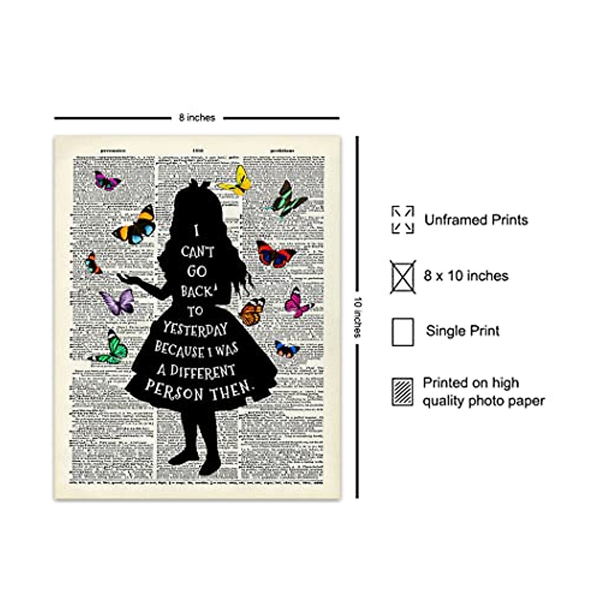 Alice Wonderland Quote Dictionary Art Print - Upcycled Home Decor, Wall Art Poster - Unique Room Decorations for Bedroom, Office, Girls or Kids Room - Great Gift - 8x10 Photo Unframed