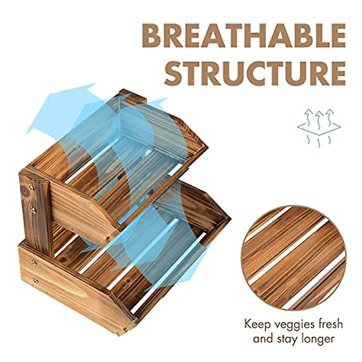 Rustic Fruit Basket, 2 Tier Standing Fruit Basket, Wooden Food Organizer & Retro Vegetable Stand Bread Racks, Farmhouse Food Basket for Kitchen, Office, Dining Room and Guest Room (Need Assemble)