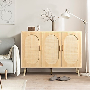 DESIGNSCAPE3D Modern Rattan Shoe Storage Cabinet with Adjustable Shelves - Stylish Furniture and Decor for Living Room, Bedroom, and Hallway