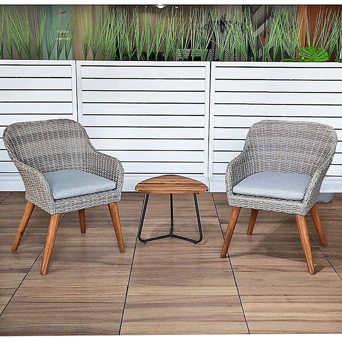 Soleil Jardin Outdoor 3-Piece Bistro Set with Seat Cushion, Two Chairs and Wood Top Side Table, Gray Wicker with Wood Leg