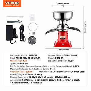 VEVOR Milk Cream Centrifugal Separator, 304 Stainless Steel Electric Cream Separators, 100L/H Output 10500RPM Goat Milk Separator, 30W Cow Cream Separator, Milk Skimmer with 5L Bowl Capacity, 100-240V