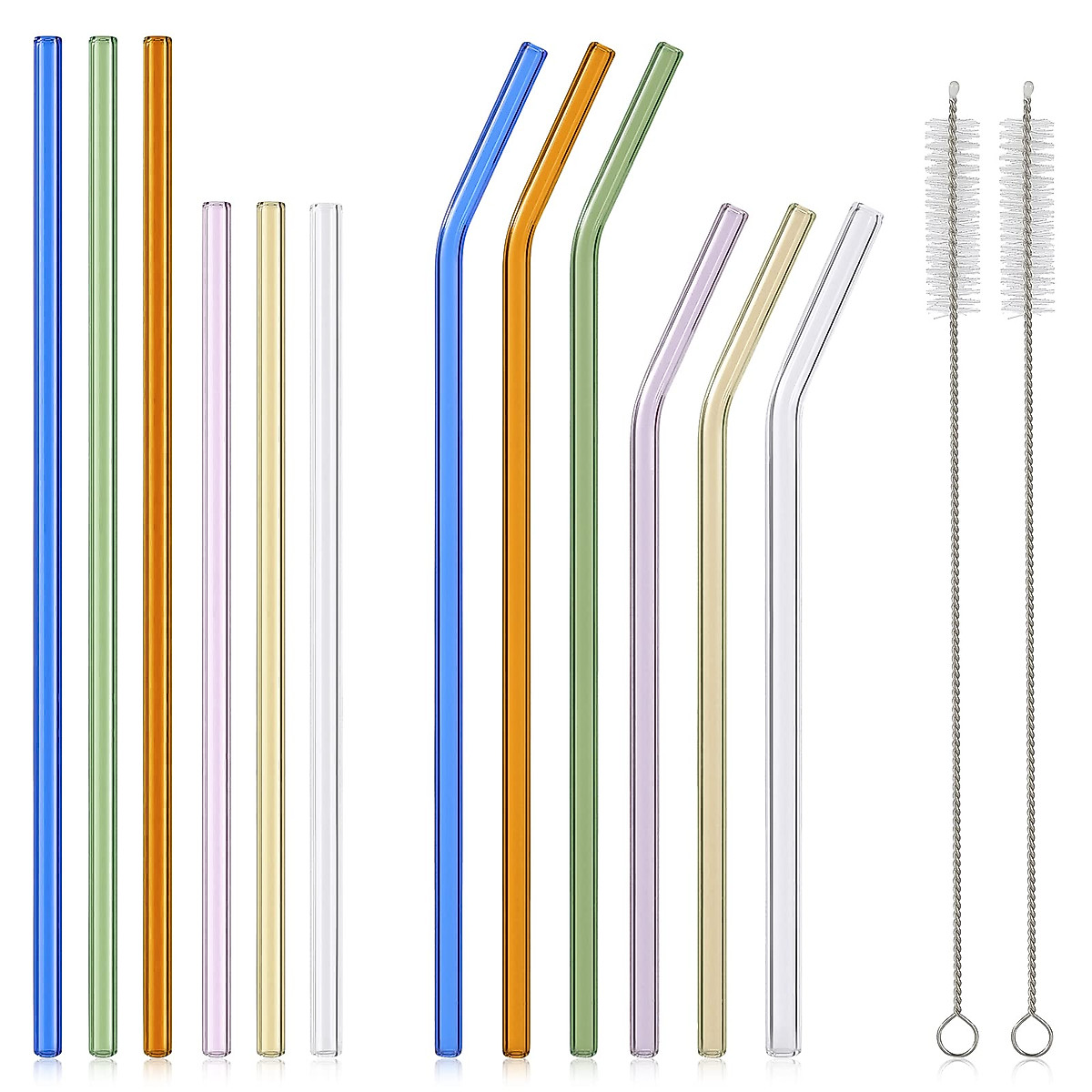 [12 Pcs] Reusable Colorful Long Glass Straws - 11" x 8mm and 9" x 8mm Shatter Resistant Each Including 3 Straight and 3 Bent with 2 Cleaning Brush Perfect for 30 oz 20 oz Tumblers Juice Coffee