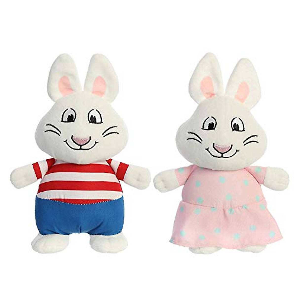Aurora Bundles of 2 6.5 Inch Plush Animals: Max and Ruby Bunnies, White Black red Pink Blue