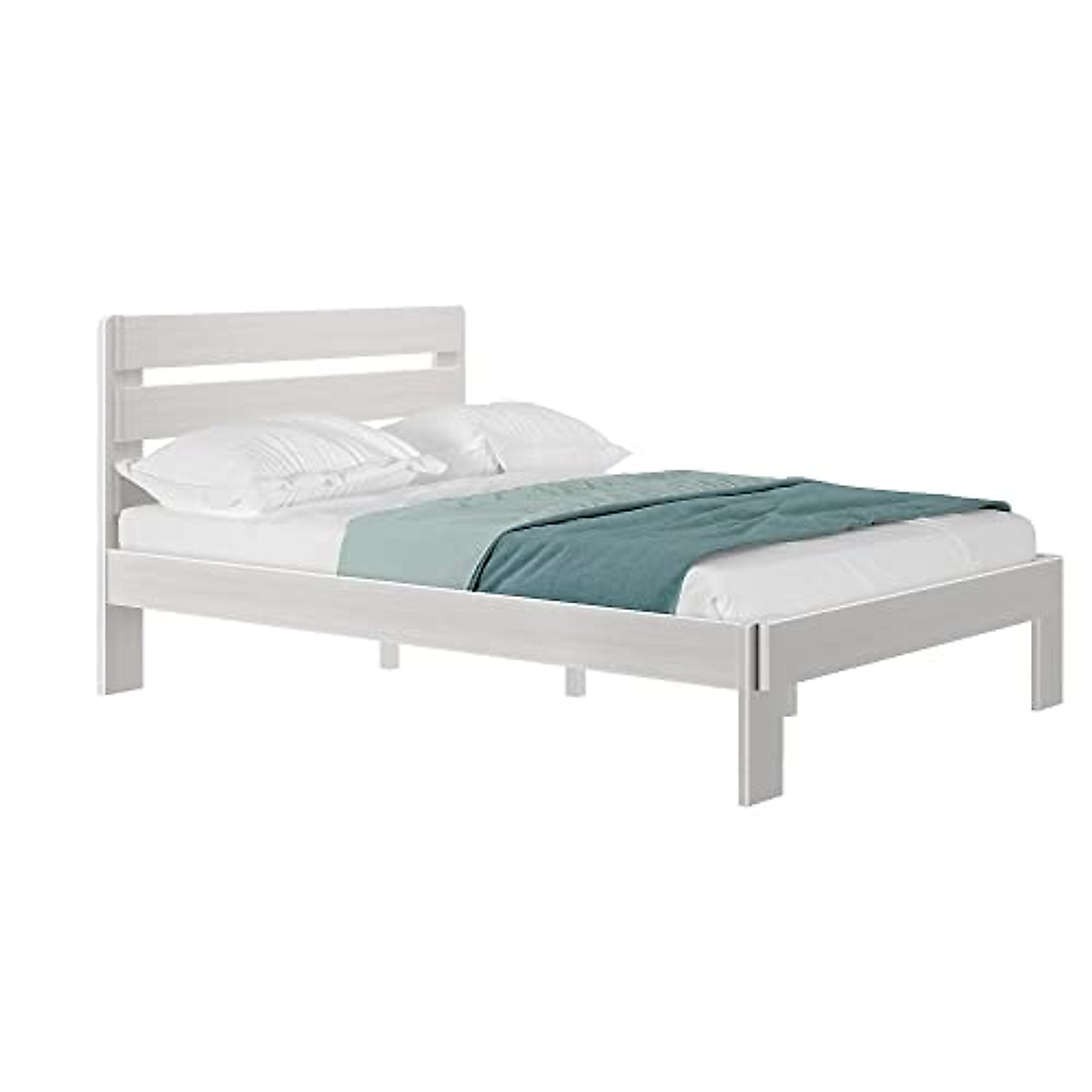 Plank+Beam Rustic Wood Queen Bed Frame, Platform Bed with Headboard, Slatted, White Wash