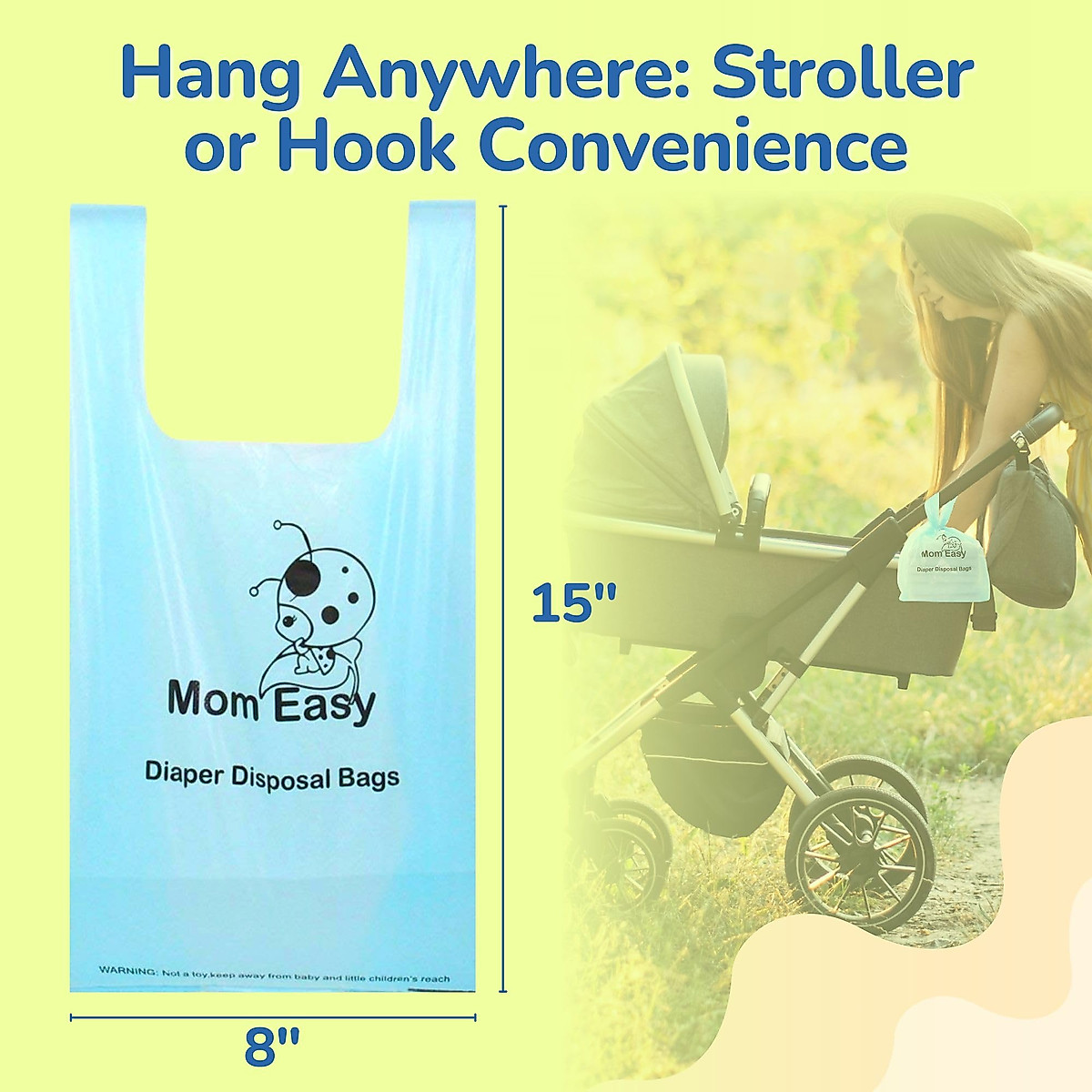 MOM EASY 600 Count Disposable Diaper Bags, 8 x 15 Inch, Unscented, Double Seamed, With Tie Handles, For Baby Waste