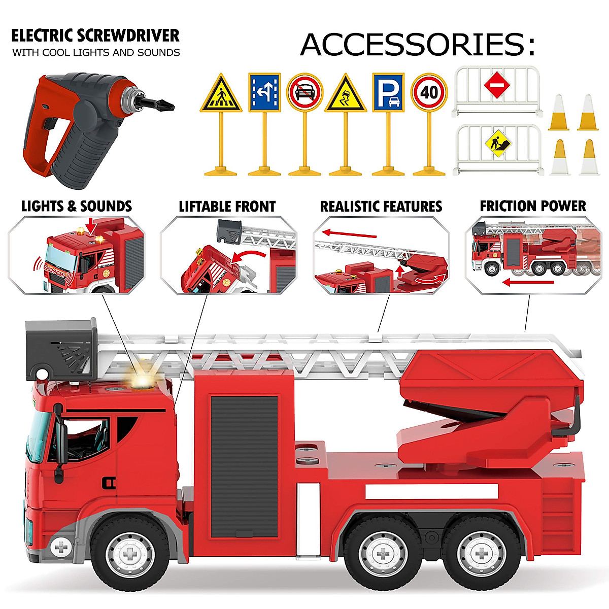 Building Fire Truck Toys - 95 Pcs DIY Assembly Fire Truck STEM Toy with Drill, Push & Go Friction Power Lights & Sounds for Kids- Take Apart Vehicle Fire Trucks for Boys Ages 4 5 6 7 8 Years Old