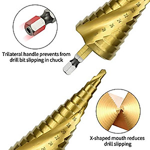 BAYTORY HSS Step Drill Bit Set, 6Pcs Hex Shank Coated Step Drill Bits Set, 4-12/20 / 32mm Large Titanium HSS Step Cone Drill Bit (Spiral 6-Piece Set)