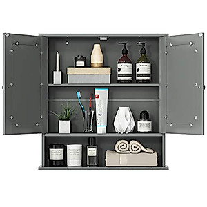 GLACER Bathroom Medicine Cabinet, Hanging Storage Cabinet with Double Mirror Doors, Perfect for Bathroom, Living Room, Corridor, Cloakroom, 22 x 5 x 23 inches (Grey)